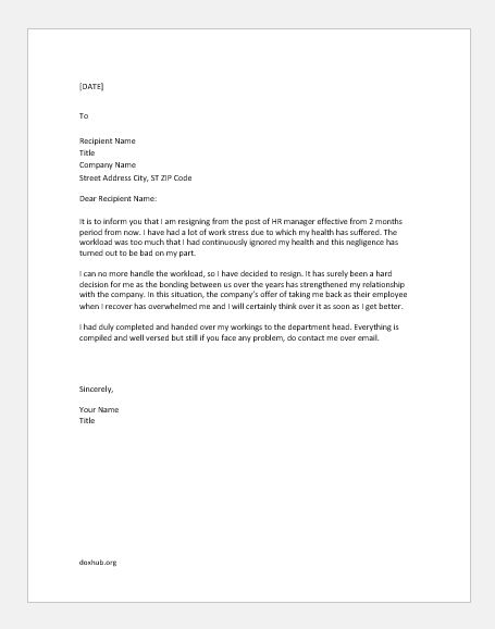 Resignation Letter Format For Health Issue Sample Resignation Letter
