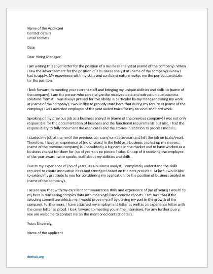 Cover Letter For The Position Of Business Analyst Document Hub
