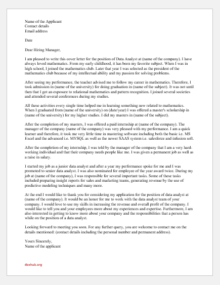 Cover Letter For The Position Of A Data Analyst Document Hub