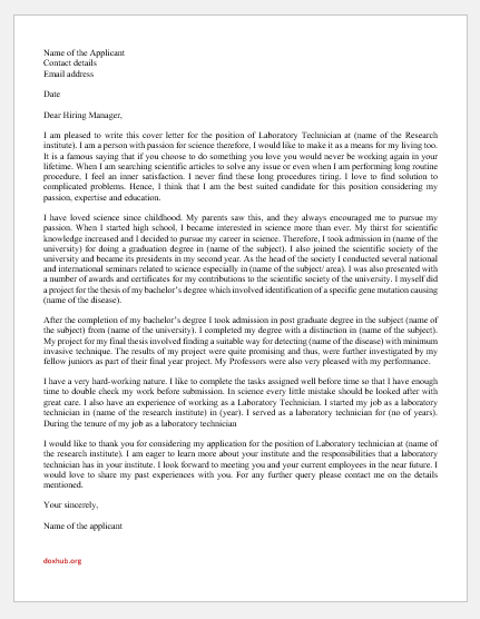 Cover Letter For The Position Of Laboratory Technician Document Hub