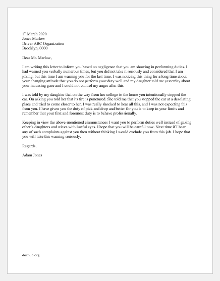 Warning Letter To Driver For Not Performing His Duties 3