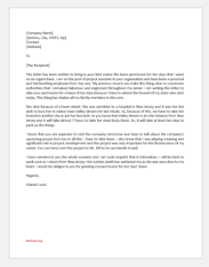 Letter of Permission to be Absent from Work due to Attending Funeral ...