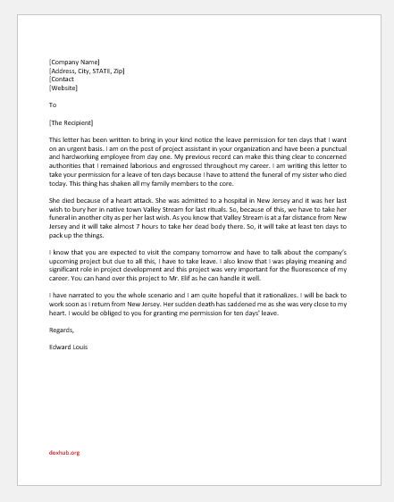 Letter Of Permission To Be Absent From Work Due To Attending Funeral 