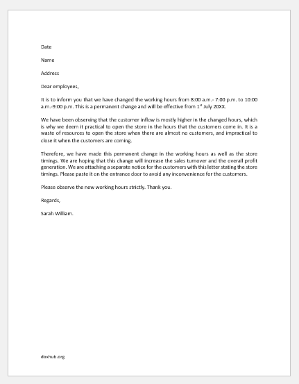 Letter Highlighting Permanent Change In Working Hours