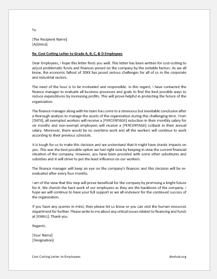 Cost Cutting Letter to Employees | Document Hub