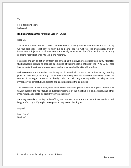 Explanation Letter for being Late due to Sickness | Download