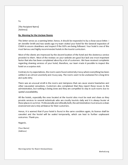 Warning Letter for Room Uncleanliness | Document Hub