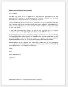 Reduced Operation Hours Announcement Letter to Customers