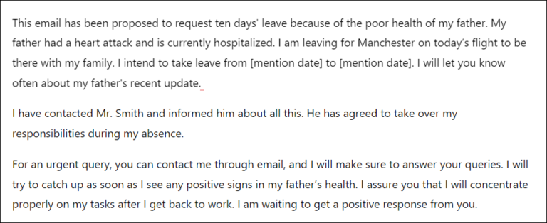 Emergency Leave Message Letter for Father is Hospitalized